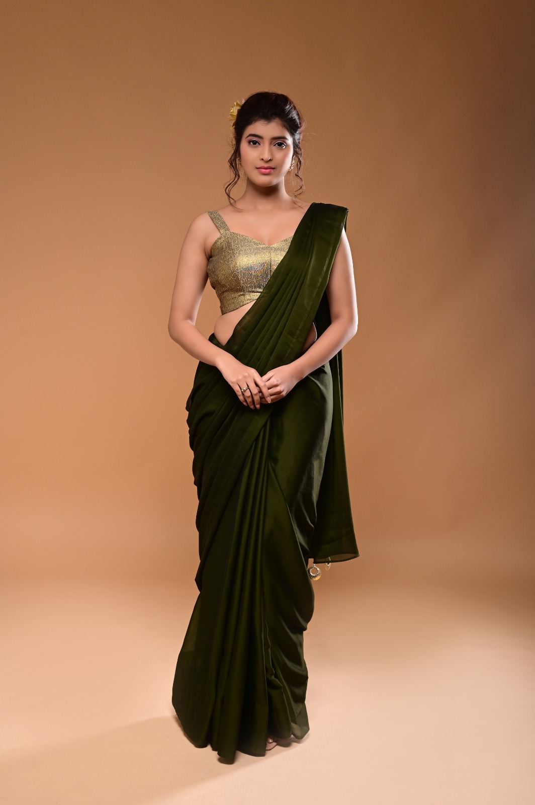 Mehendi Green Silk Georgette Solid Saree with Stitched Golden-Zari Self ...